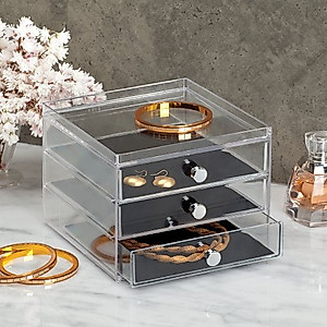 iDesign Clarity BPA-Free Plastic 3-Drawer Jewelry Organizer with Tray - 6.5" x 6.5" x 5", Clear/Black