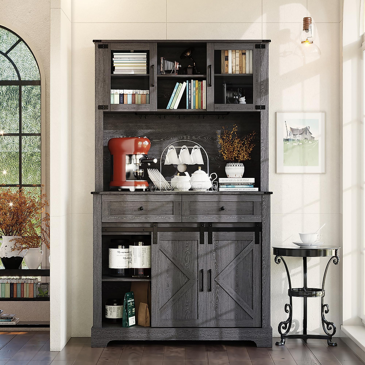 ARTPOWER Wine Bar Cabinet with Sliding Barn Door, 72" Hutch Cabinet with Wine&Glasses Rack, Tall Farmhouse Kitchen Pantry Buffet Cabinet with Drawers for Dining Room, Gray