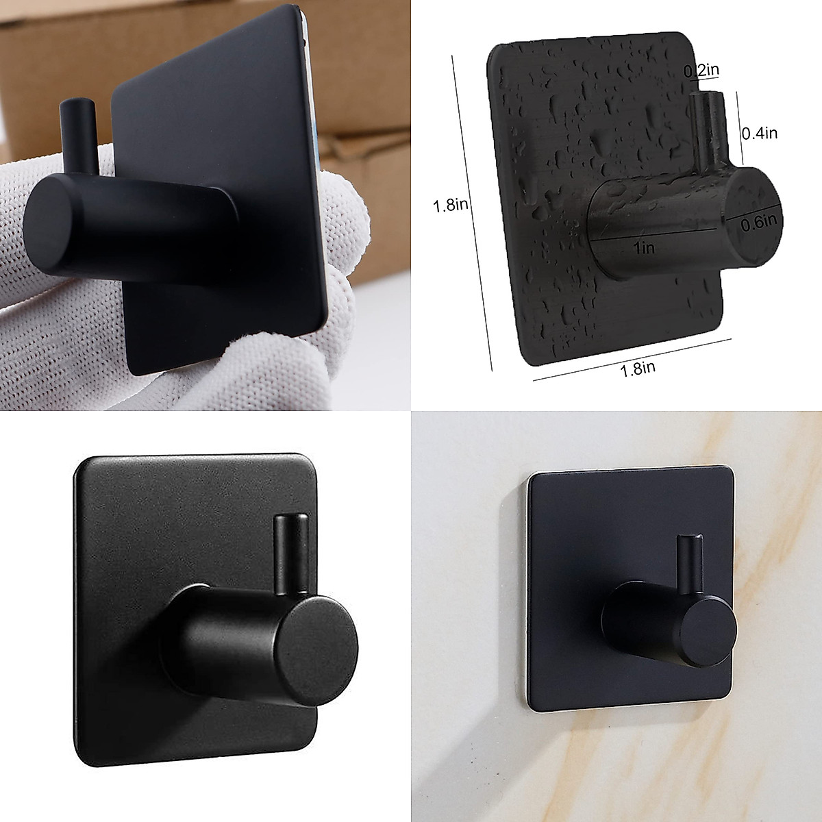 LOOGI Adhesive Hooks, Door Hooks Heavy Duty Towel Hooks Stick on Wall Waterproof Stainless Steel Robe Hanger for Hanging Bathroom Kitchen Home Black 4 Pack