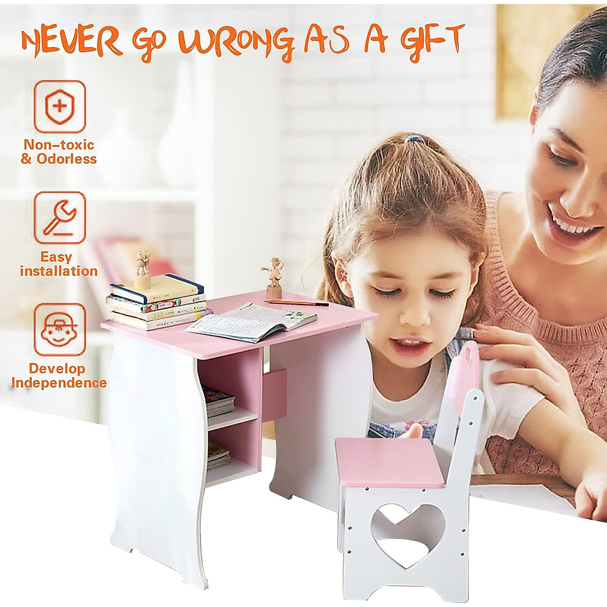 ocinone Kids Desk and Chair Set, Children Study Desk with Storage Shelf, Wooden School Study Table, Writing Table for Home School Use(pink white)