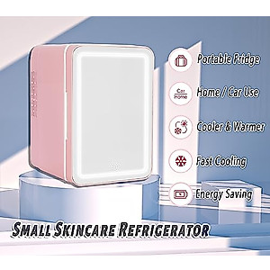 VNIMTI Mini Skincare Fridge 4 Liter/6 Cans, Portable Cosmetic Fridges with Makeup Mirror, Cooler & Warmer, AC & DC, Small Refrigerator for Bedroom, Car, Office, Outdoor (Pink - 4L)
