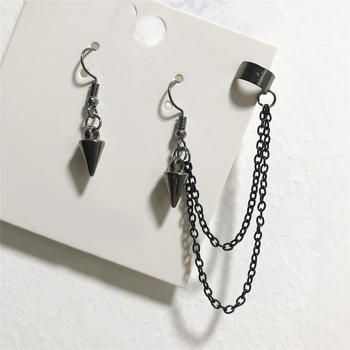 ANDPAI Unique Lightweight Black Silver Punk Long Tassel Chain Ear Cuff Earrings 316L Stainless Steel Vintage Barrel Nails Crawler Climer Dangle Drop Stud Earrings for Men Women Unisex (Black)