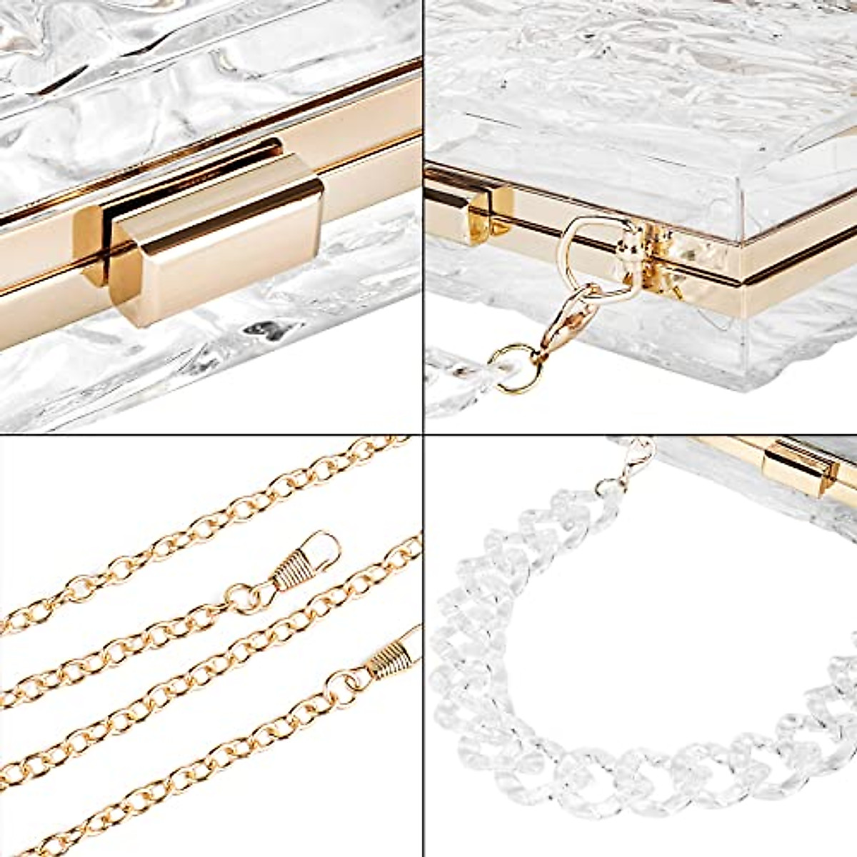 Women Acrylic Clutch Purse, Evening Clutch Crossbody Bag with Removable Gold Chain & Clear Handle, Staduim Approved Shoulder Crossbody Bag for Wedding Party Banquet, Clear