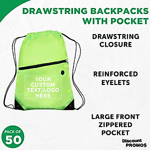 Discount Promos Custom Drawstring BackPacks with Pocket Set of 50, Personalized Bulk Pack - Water Resistant, Perfect for Gym, Camping, Beach, Outdoor Sports - Lime Green