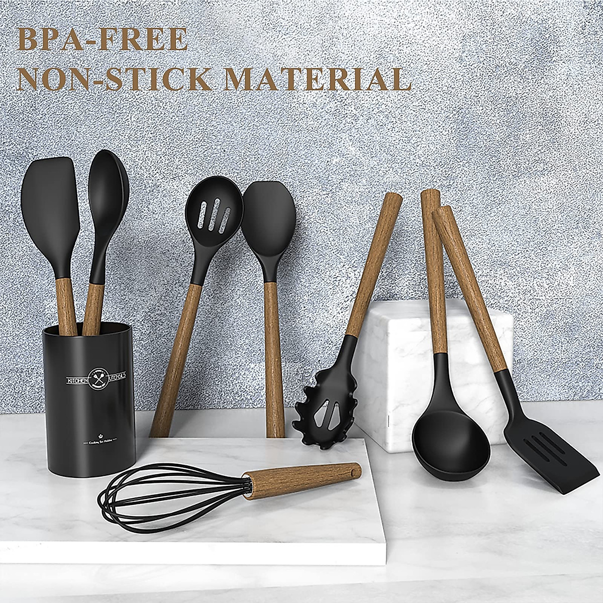 Silicone Kitchen Cooking Utensil Set, 9Pcs Kitchen Utensils Spatula Set with Wooden Handle for Nonstick Cookware, 446°F Heat Resistant Silicone Kitchen Gadgets Utensil Set with Large Holder（Black）