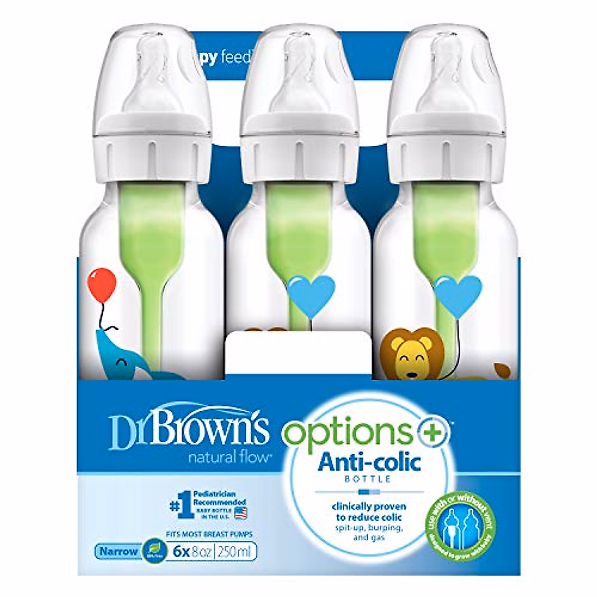 Dr. Brown’s Natural Flow® Anti-Colic Options+™ Narrow Baby Bottles 8 oz/250 mL, with Level 1 Slow Flow Nipple, 6 Pack, 0m+ Balloon Animals Gift Set
