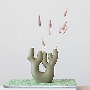 Creative Co-Op Stoneware Abstract Coral Shaped 5 Openings, Green Vase