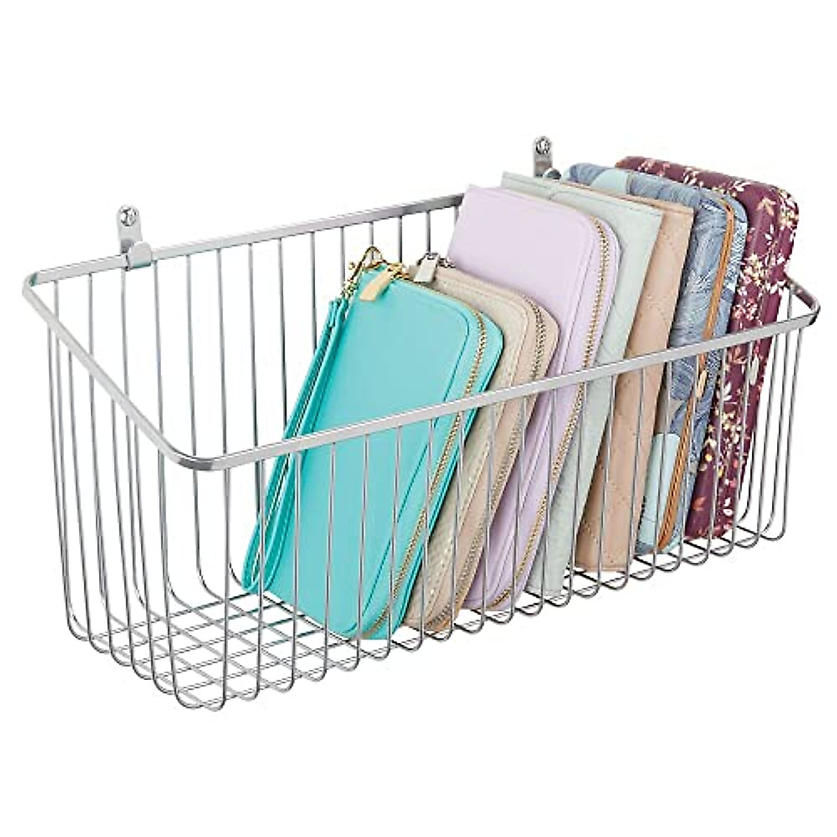 mDesign Portable Metal Farmhouse Wall Decor Angled Storage Organizer Basket Bin for Hanging in Entryway, Mudroom, Bedroom, Bathroom, Laundry Room - Wall Mount Hooks Included, Large - Chrome