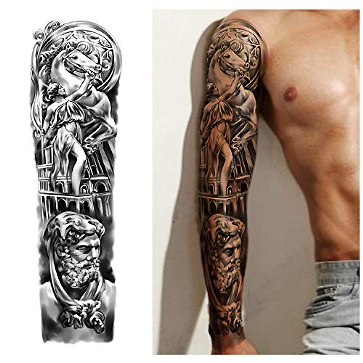 Full Arm Temporary Tattoos 8 Sheets and Half Arm Shoulder Waterproof Tattoos 8 Sheets, Extra Large Tattoo Stickers for Men and Women (22.83"X7.1")