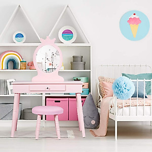 GOFLAME Kids Vanity Set, Princess Dressing Table Set, Wooden Dresser, Little Girls Makeup Table and Stool Set, Pretend Beauty Play Set with Real Mirror, Pull-Out Drawer and Cushioned Stool (Pink)