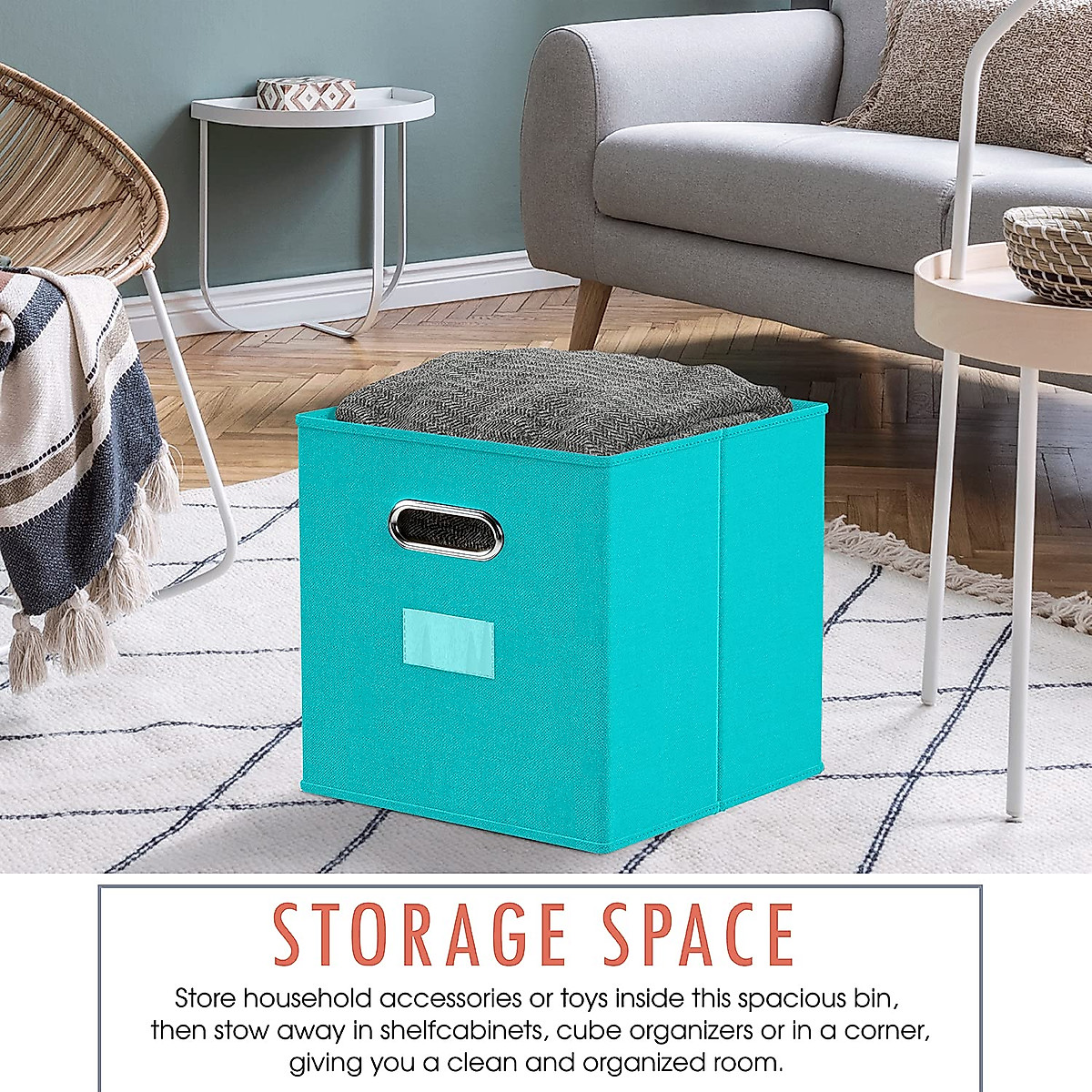 Ornavo Home Foldable Storage Bins Basket Cube Organizer with Dual Handles and Window Pocket - 6 Pack - 12" L x 12" W x 12" H - Teal