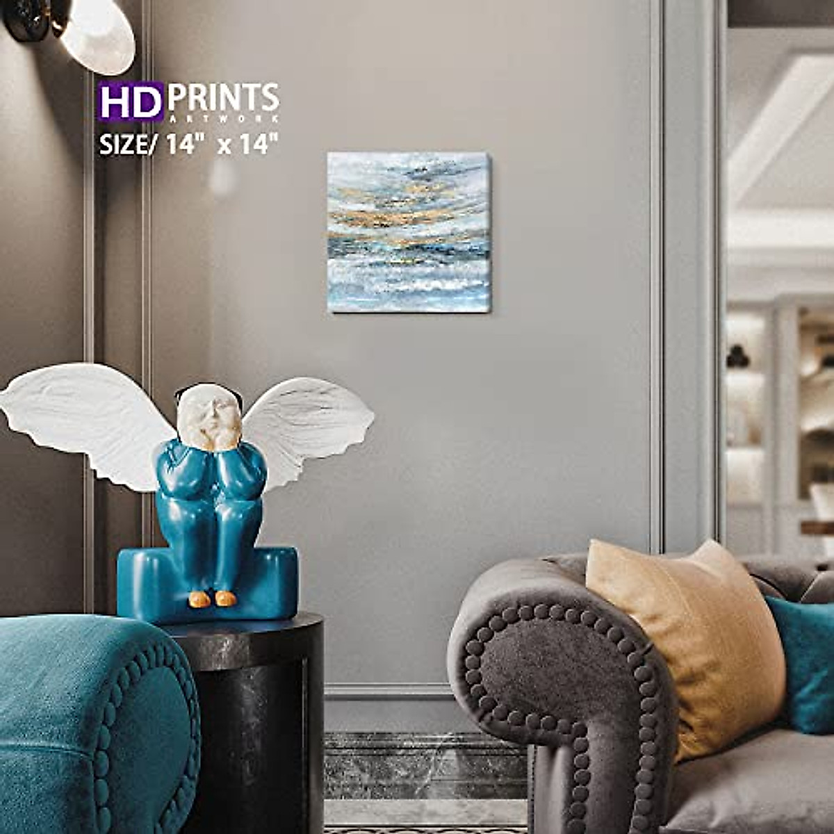 Bathroom Wall Art Abstract Canvas Art Print Framed Modern Blue Ocean Picture Small Coastal Sunset & Sunrise Artwork for Sea Lake Themed Home Bedroom Décor 14x14inch