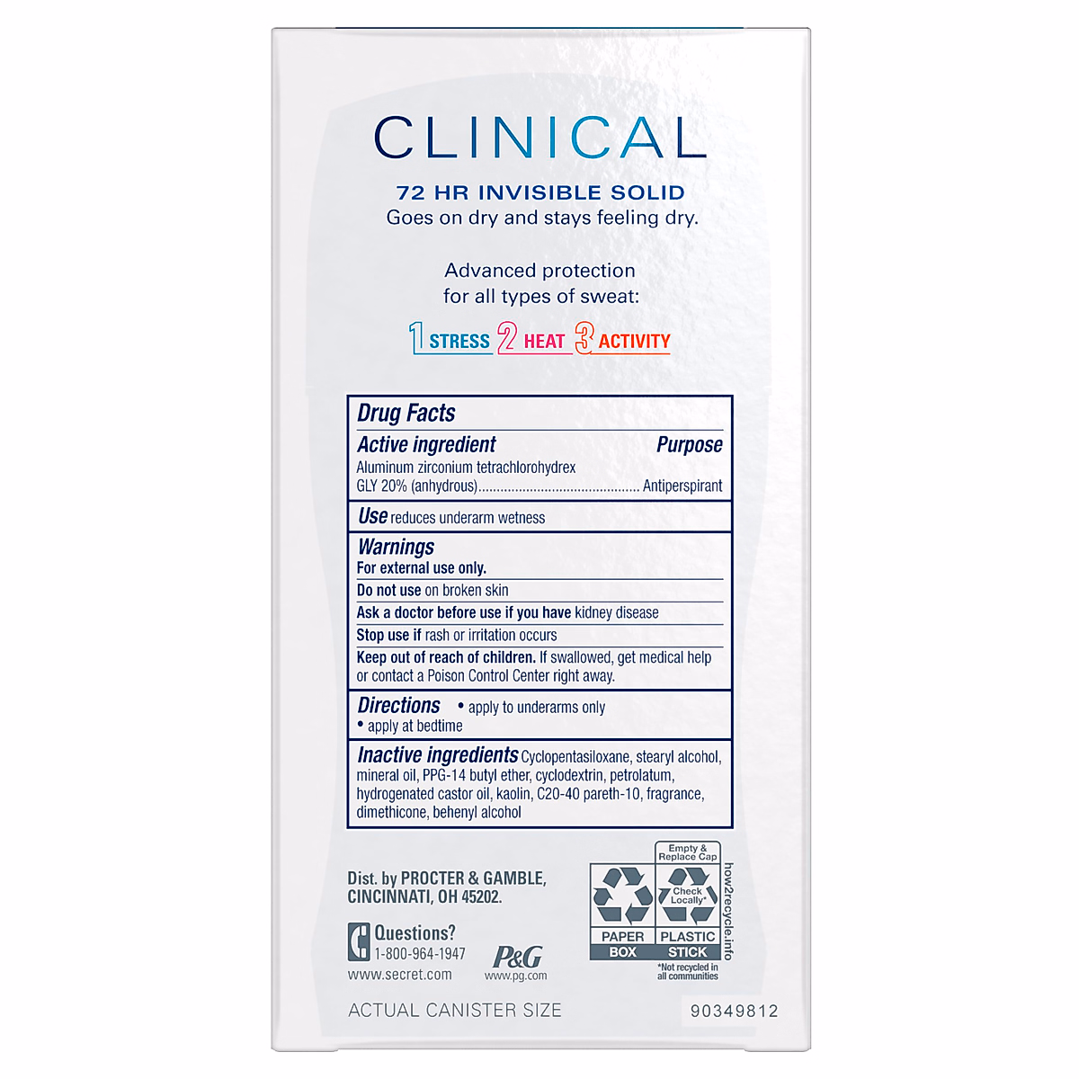 Secret Clinical Strength Invisible Solid Antiperspirant and Deodorant for Women, Protecting Powder, 1.6 oz (Pack of 3)