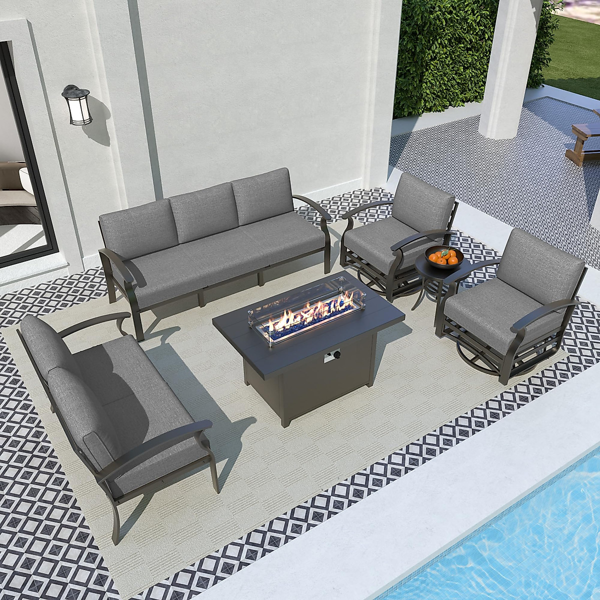 Gotland 7-Seater Outdoor Metal Patio Furniture Set with 2 Swivel Rocking Chairs & 55,000 BTU Gas Fire Pit Table with Glass Wind Guard - Patio Conversation Sectional Sofa Sets in Grey