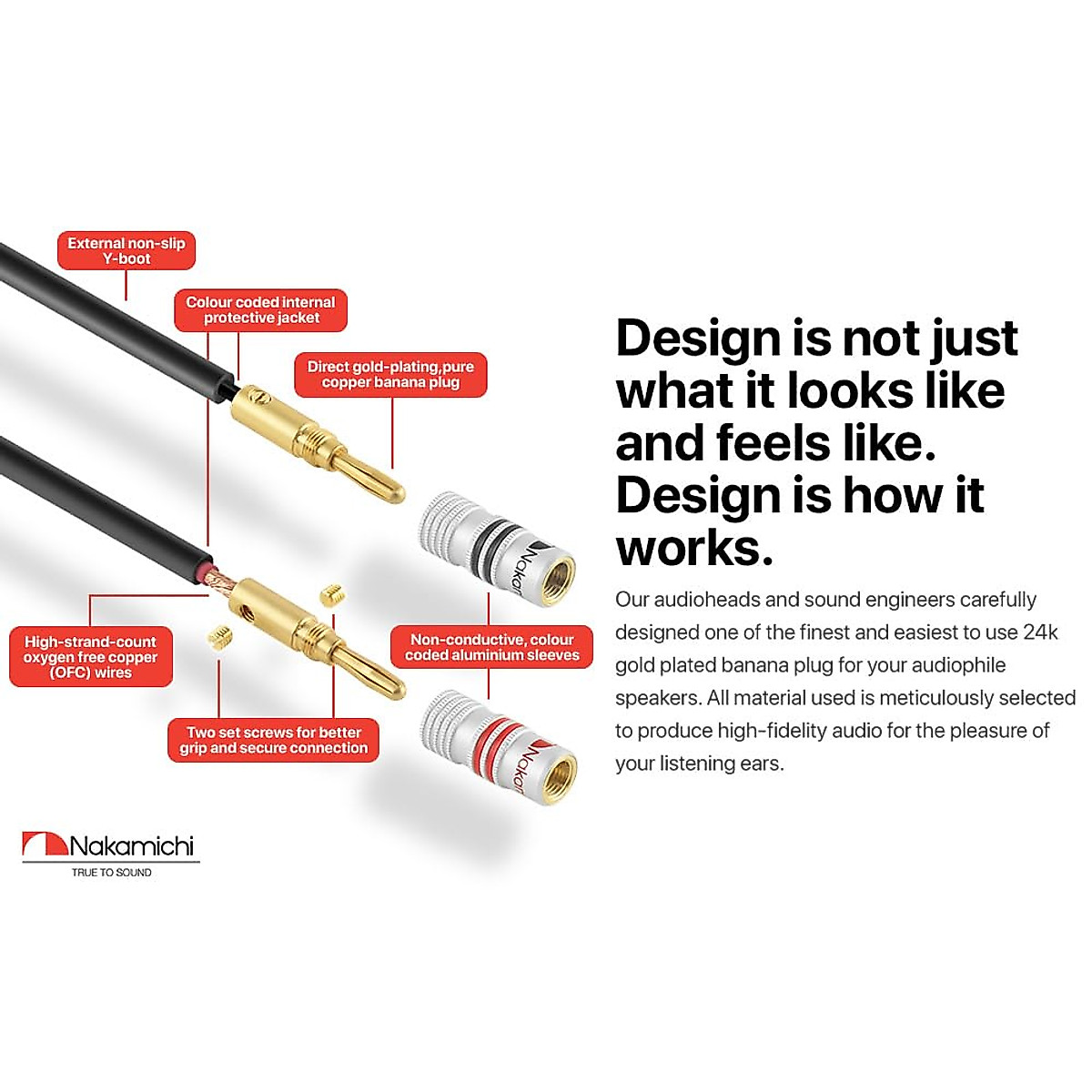 Nakamichi Excel Series 24k Gold Plated Banana Plug with (10 Feet) 12AWG Speaker Cable Wire 99.9% Oxygen-Free Copper (OFC) Heavy Duty Braided for Amplifier Hi-Fi Home Theatre - Black (10ft/3.0m)