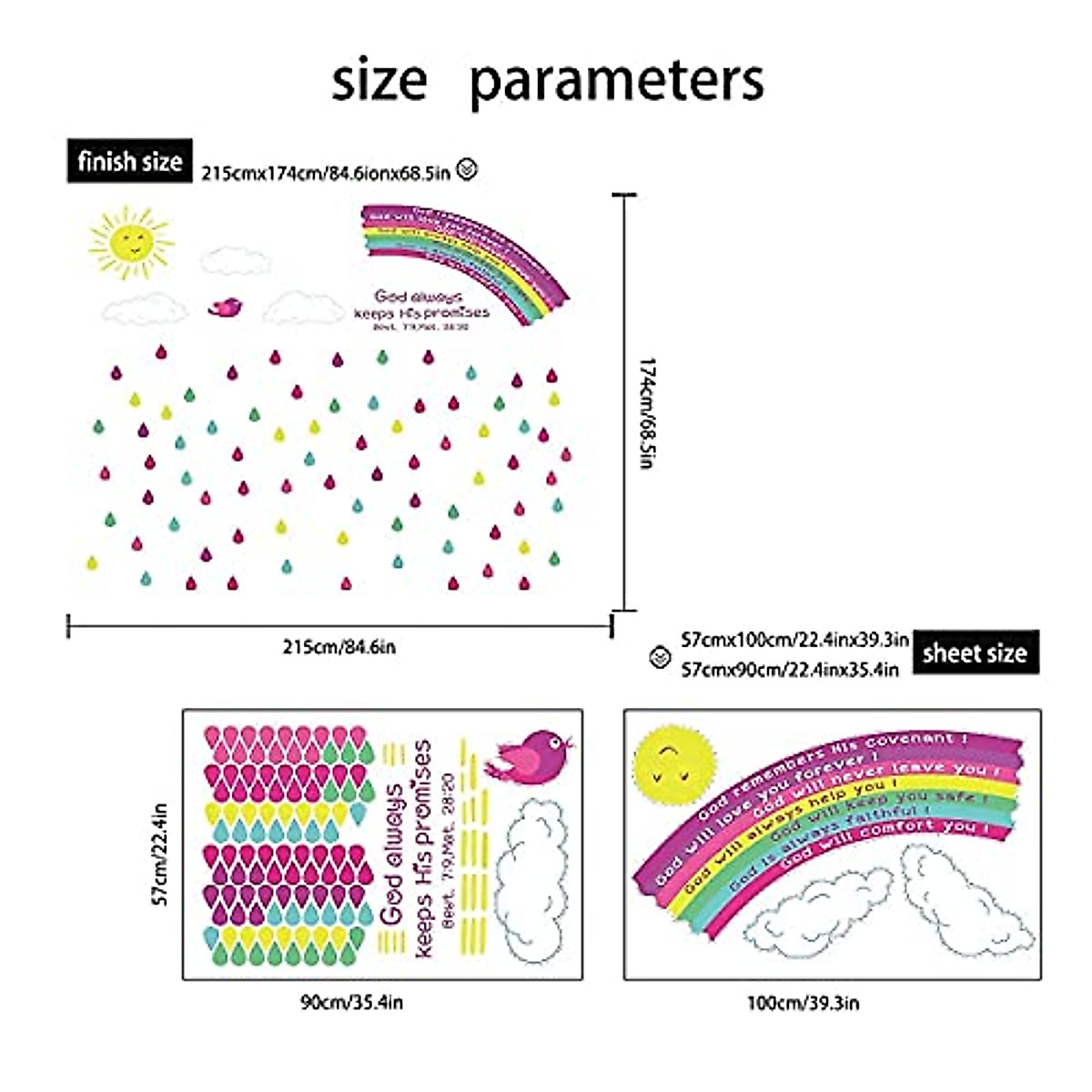 Promises Of God Rainbow Wall Decal Set for Kids - Pink, 85” x 68.5”, 112 Total Stickers - Bible Verses, School Decorations, Classroom, Nursery Decor, Polyvinyl Chloride, Reusable, Waterproof