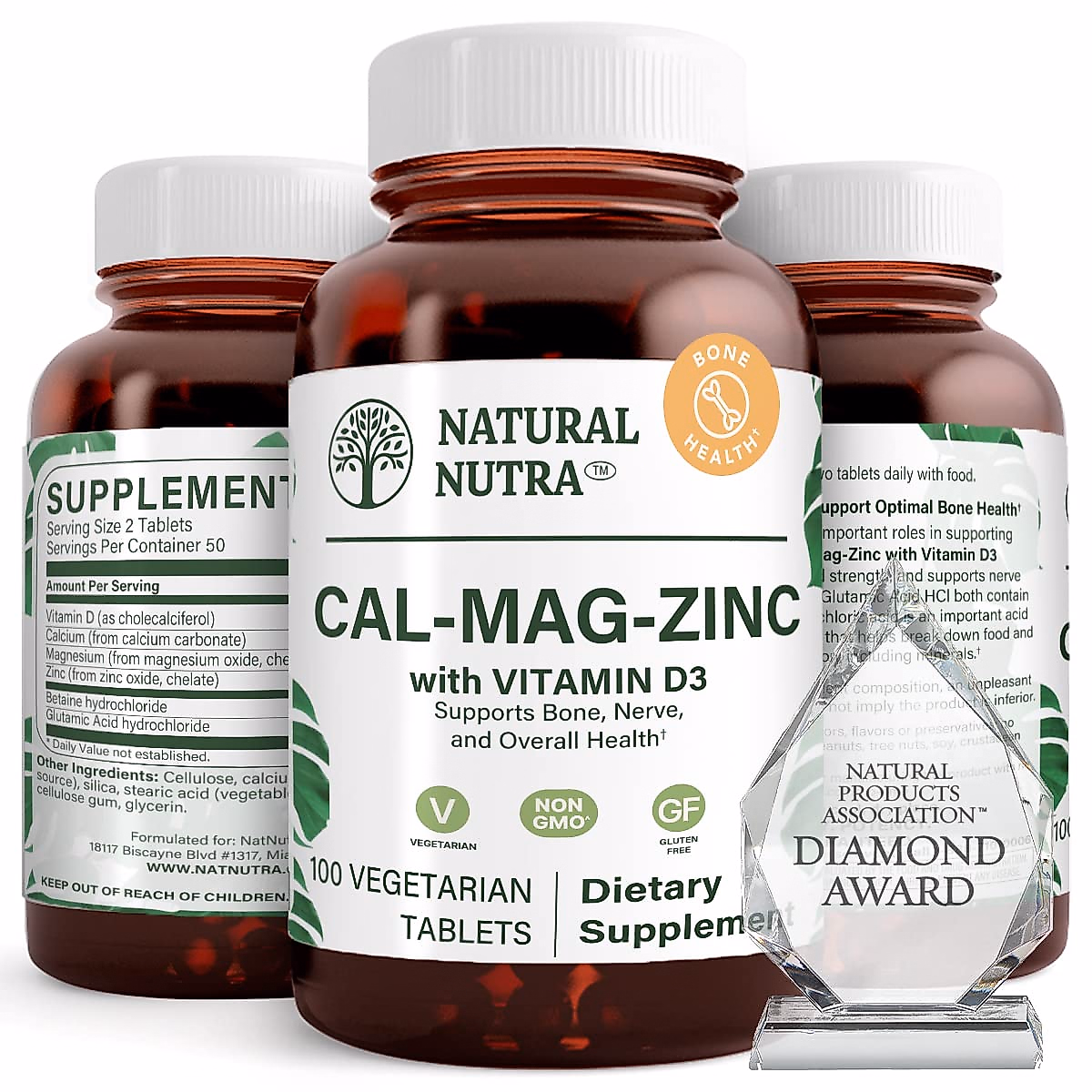 Natural Nutra Calcium Magnesium Zinc (Cal-Mag Zinc) Supplement with Vitamin D3 for Bone Strength, Helps Improve Digestion, Health Gluten Free and Sugar Free, Essential Mineral Complex (100 Count)