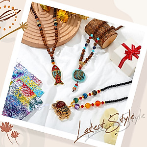 3 Pcs Boho Long Pendant Necklaces for Women Boho Long Wooden Beaded Necklace Handmade Turquoise Fish Elephant Necklace Boho Jewelry with Storage Bag for Women(Exquisite Style)