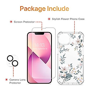 GVIEWIN Designed for iPhone 13 Case 6.1 Inch, with Tempered Glass Screen Protector + Camera Lens Protector Clear Flower Soft & Flexible Shockproof Floral Women Phone Cover（Magnolia/White）