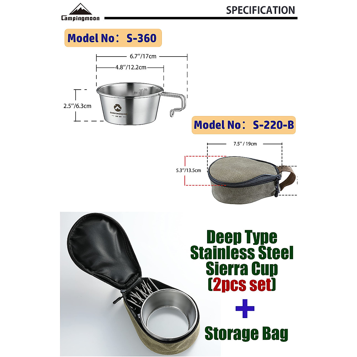CAMPINGMOON 2pcs Set Stainless Steel Deep Type Camping Sierra Cup 450ml S-360 (2pcs Set + Bag)
