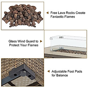 Patio Propane Fire Pit Table - 32 inch Outdoor PE Rattan Rectangle Tan Wicker Gas Fire Table with Ceramic Tile Tabletop, Glass Wind Guard for Outside, Garden, Backyard, Brown