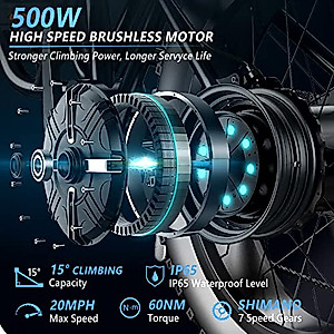 PEXMOR Electric Bike for Adult, 26" Fat Tire Electric Mountain Bike 500W EBike 48V 13AH Removable Battery, 20MPH Adult Electric Bicycle Lockable Suspension Fork, Beach Snow E-Bike Shimano 7 Speed