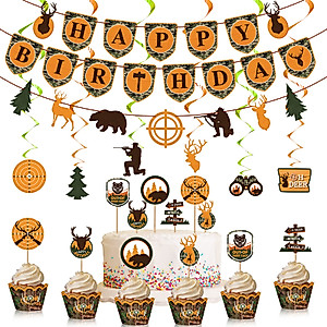 62 Pcs Hunting Theme Party Decorations Hunting Birthday Banner Camo Birthday Party Decorations Camo Cupcake Toppers Hunting Swirls Decorations Deer Decorations for Party Birthday Baby Shower
