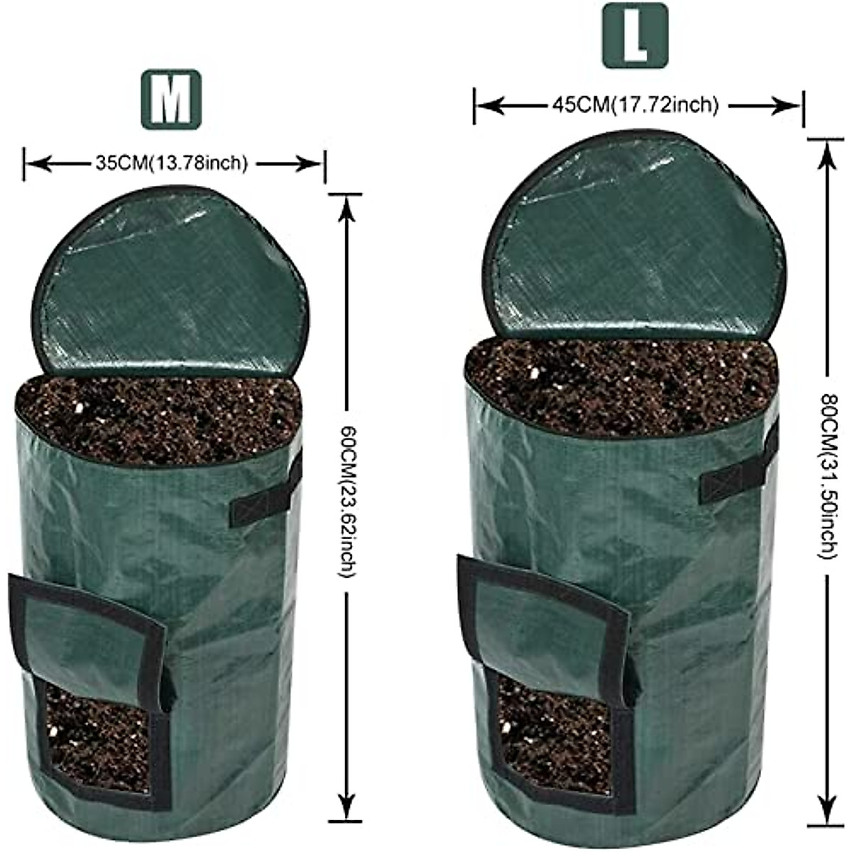 Garden Compost Bag, Outdoor Compost, Reusable Garden Waste Bag with Lid, Collapsible Leaf Lawn Bags (2 Pack 15 Gallon/34 Gallon Multifunction Gardening Container) Green