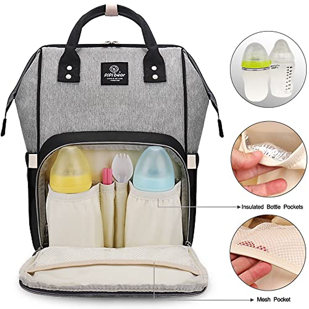 pipi bear Diaper Bag Backpack, Baby Bag for Mom Dad,Multifunction Large Diaper Backpack with Changing Pad,Water Resistant and Durable, Gray Black
