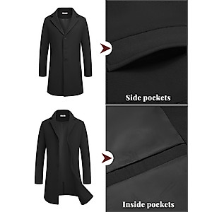 COOFANDY Winter Coats Men Black Notched Collar Overcoat Mid-Long Winter Wool Trench Coat Black Business Peacoat Black L