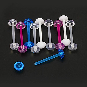 CrazyPiercing 5Pair Acrylic Tongue Rings 14G Flexible Glitter Half Ball Tongue Barbell Retainer Body Piercing Jewelry Bar Length 16mm