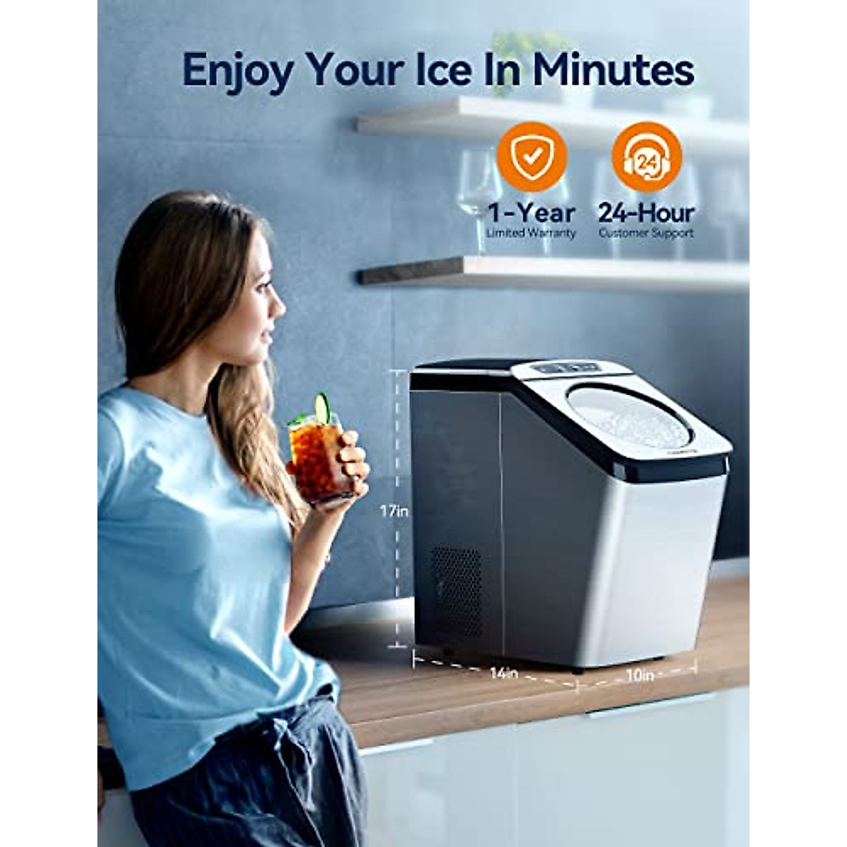 Thereye Countertop Nugget Ice Maker, Pebble Ice Maker Machine, 30lbs Per Day, 2 Ways Water Refill, 3Qt Water Reservoir & Self-Cleaning, Stainless Steel Finish Ice Machine for Home Office Bar Party