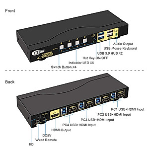 CKLau 4 Port KVM HDMI Switch with Digital Audio Output, All Input Cables and 2 USB 3.0 Hub, 4x1 HDMI KVM Switch USB 3.0 Supports Hotkey Switching, 4K@60Hz, 2K@144Hz, EDID