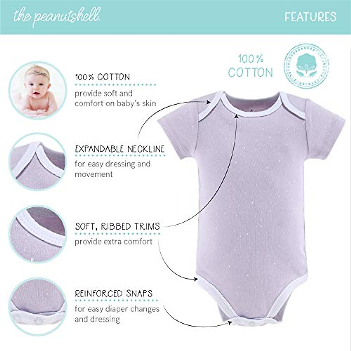 The Peanutshell Short Sleeve Baby Bodysuits Set for Baby Girls - Purple, Grey, Mint - 5 Pack Set (Newborn)