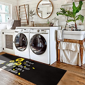 IDOWMAT Kitchen Rug Sets of 2 - Absorbent Non-Slip Kitchen Mats Farmhouse Yellow Sunflower Black Background Floor Comfort Mats Doormat for Kitchen Office Laundry 15.7x23.6in + 15.7x47.2in