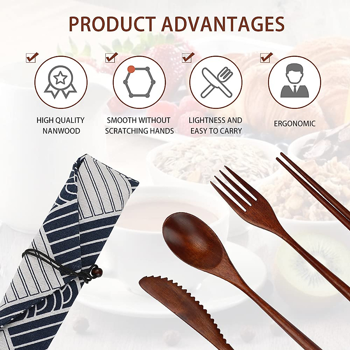 Ideashop Wooden Cutlery Set 16 PCS Reusable Flatware Set, Portable Wooden Utensils for Eating Includes Wooden Knife, Fork, Spoon, Chopsticks, with Pouch for Household Office Camping Traveling