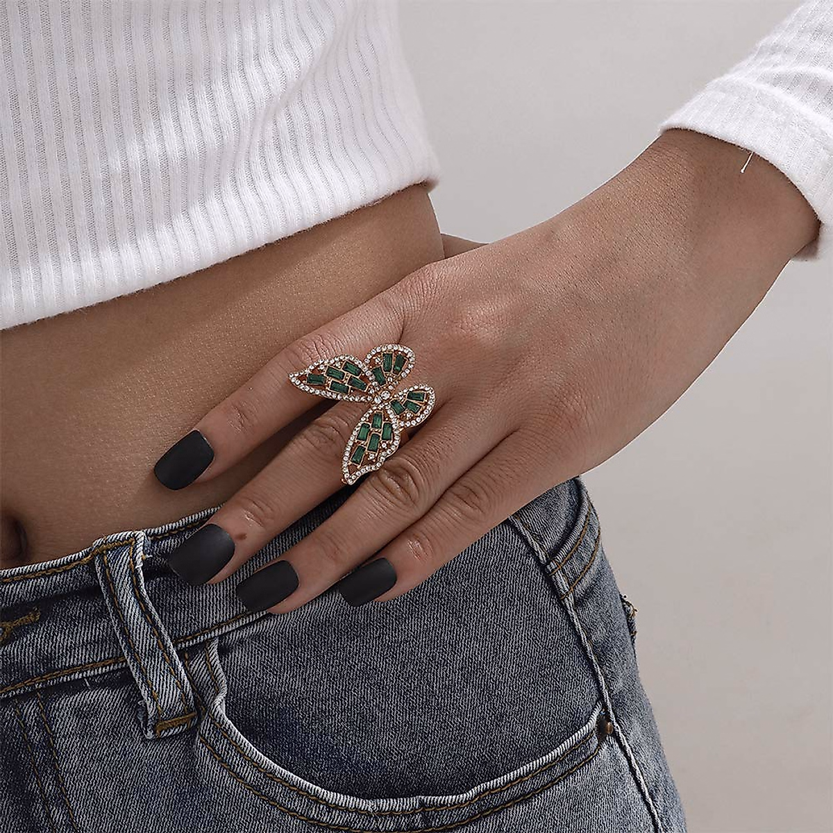 Aimimier Cubic Zirconia Butterfly Ring Sparkling Crystal Bow-Knot Knuckle Ring Wedding Jewelry for Women(Gold-green)