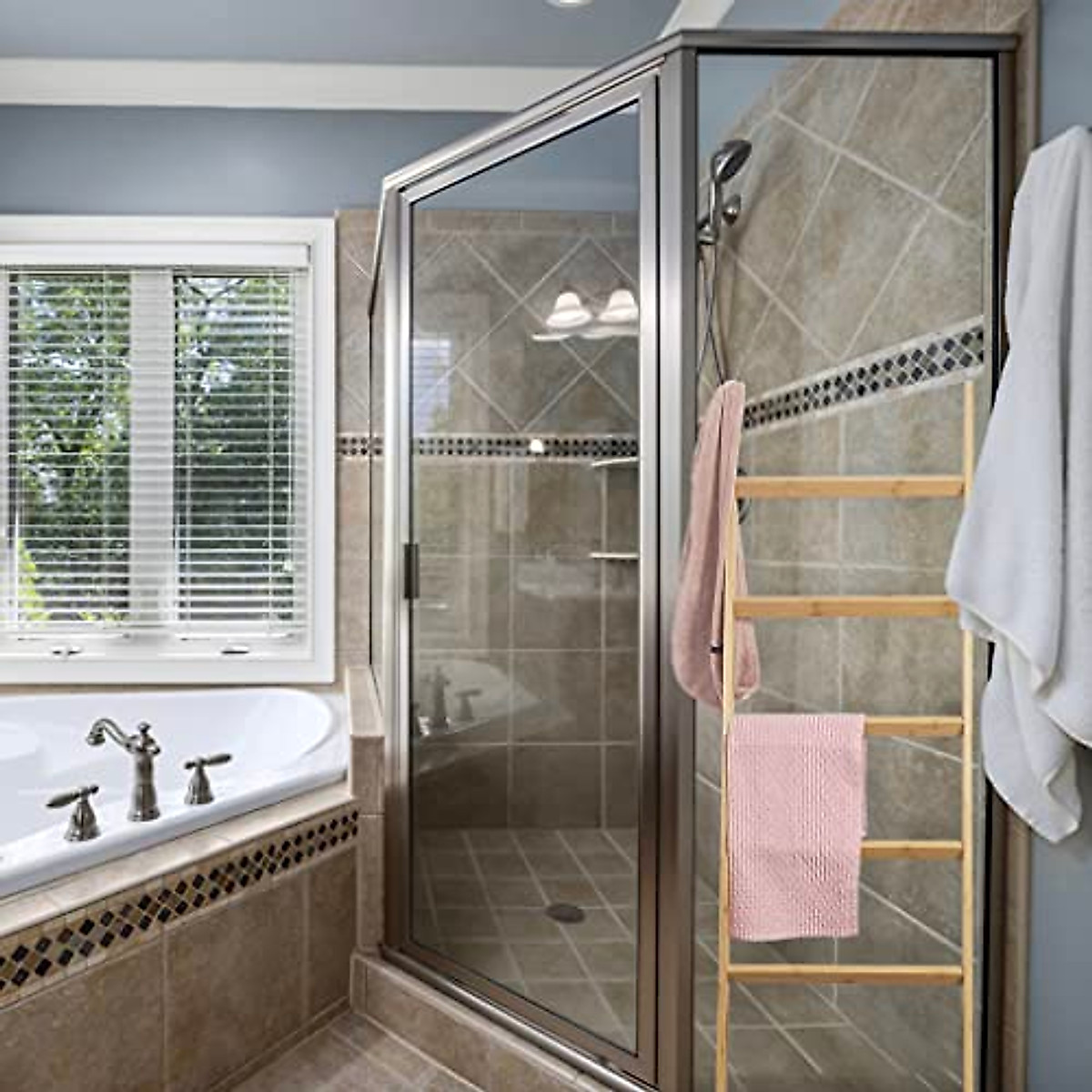 SIMEFUL 5 ft Blanket Ladder,Blanket Display Rack, Farmhouse Blanket Holder,Wall Leaning Ladder Shelf,Bamboo Towel Rack,Decorative Quilt Stand for Living Room, Bathroom, Bedroom