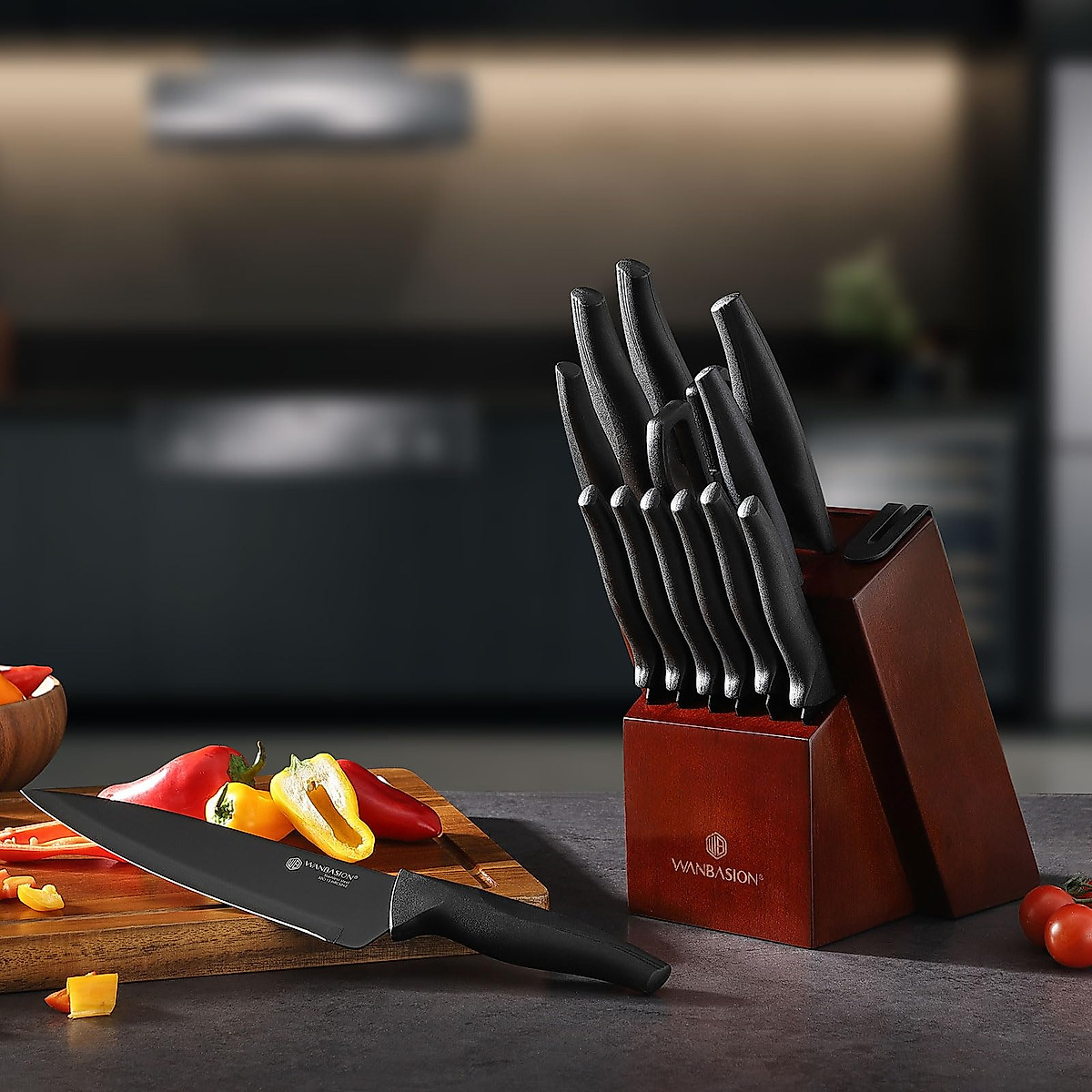 Wanbasion 15Pcs Kitchen Knife Block Set with Sharpener, Sharp Kitchen Knives Set with Block, Stainless Steel Knife Set with Block Dishwasher Safe Black