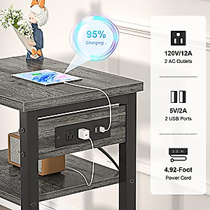 Aheaplus Sofa End/ Side Table Set of 2 with Charging Station, USB Ports & Outlets, 3 Tier Slim Narrow Bedside Nightstand with Storage Shelf for Bedroom, Living Room, Grey Oak