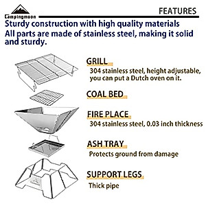 CAMPINGMOON Stainless Steel Portable Camping Grill & 8pcs of 13.8-inch Long Double Prong BBQ Skewers MT-2+MK-8