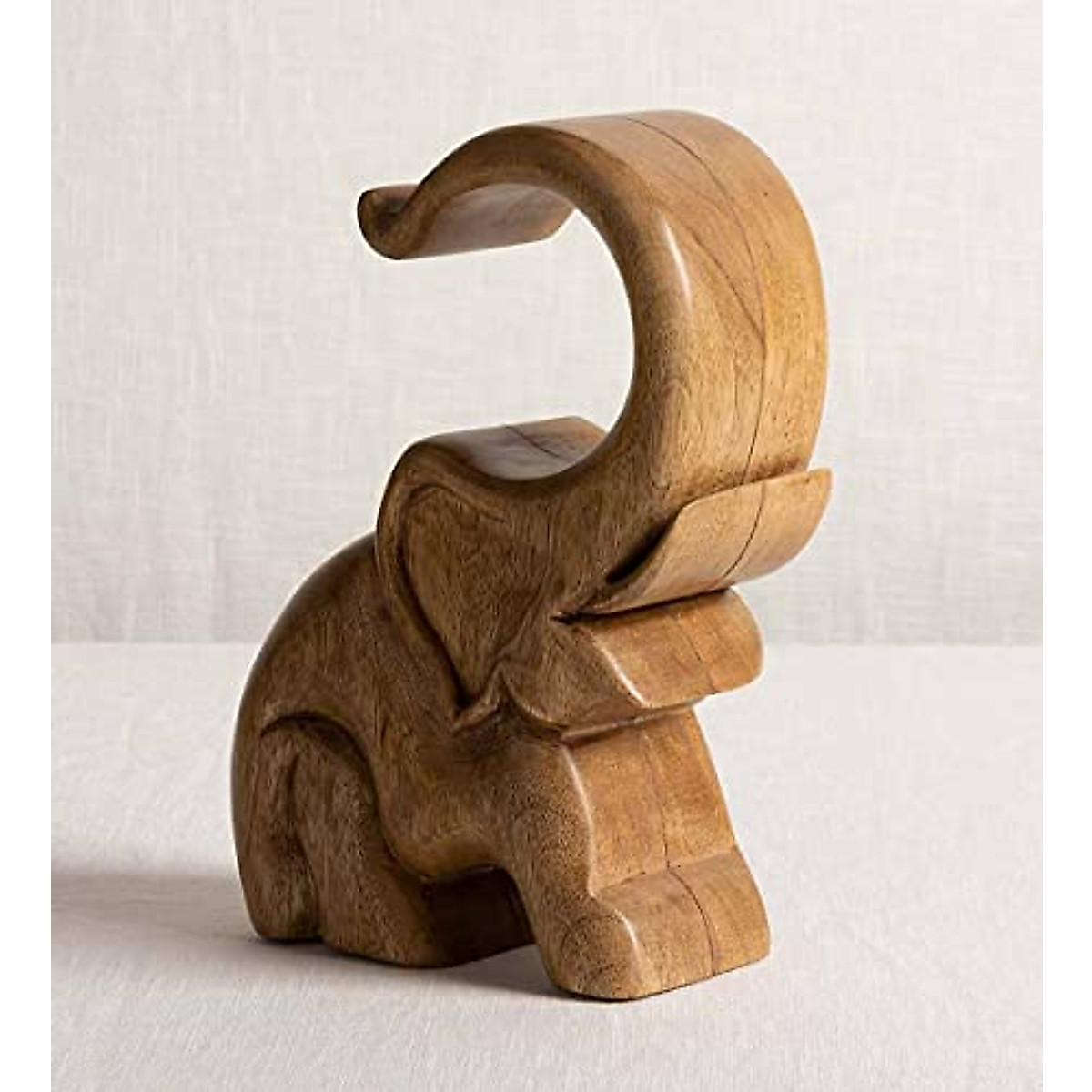 VivaTerra Hand-Carved Wooden Elephant Wine Bottle Display, 5"L x 4"W x 9"H, Elephant Wine Rack Carved in India from Mango Wood, Saluting Elephant Wine Holder