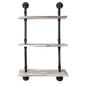 3-Tier Industrial Shelves – Wall-Mount, Farmhouse Shelves w/ Rustic Wood and Black Matte Pipe Brackets for Kitchen, Laundry Room, Living-Room and More – Decorative, Retro Bookshelf - Rustic White