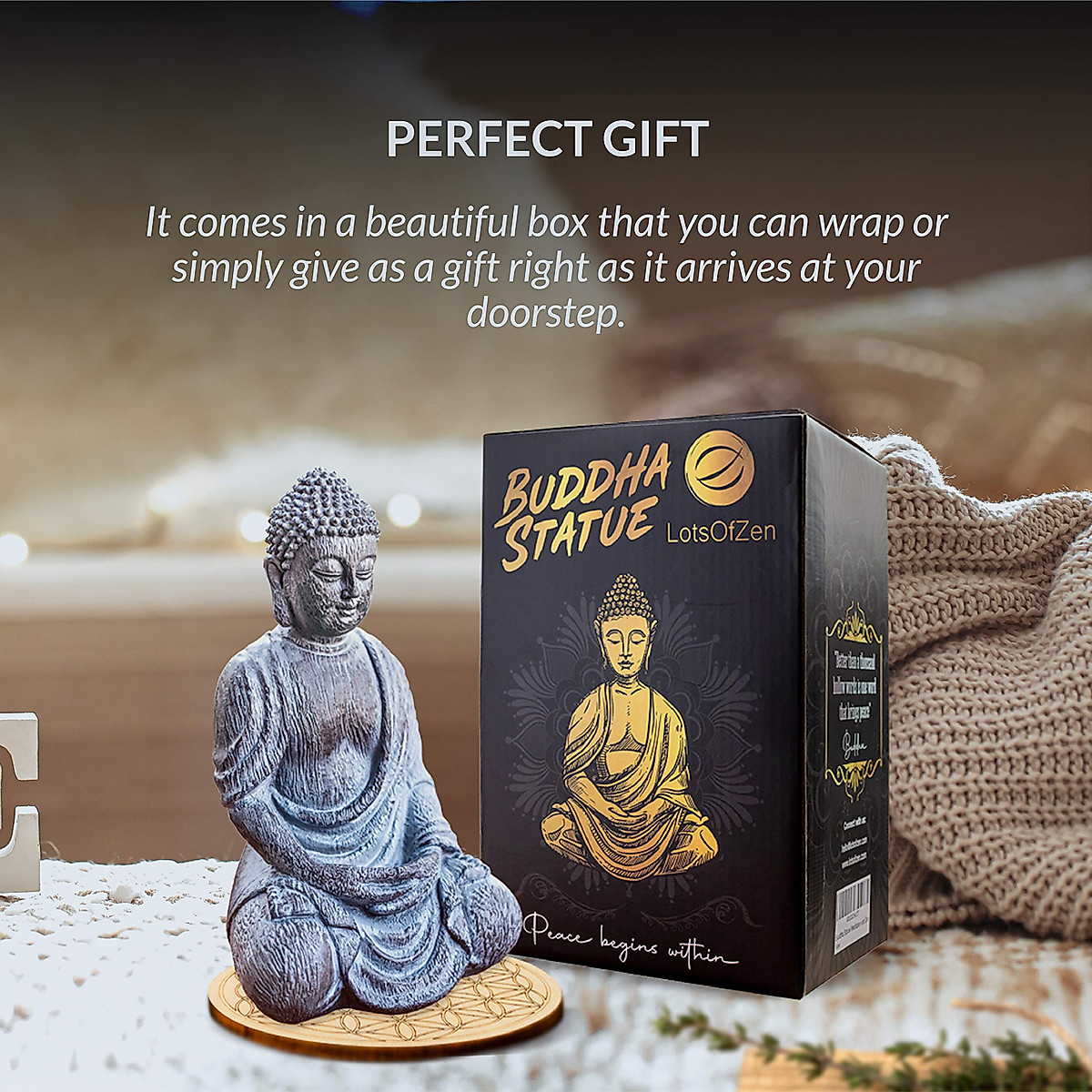 LOTS OF ZEN Mini Buddha Statue — 6.7 inch Buddha Statue with Wooden Round Base Included — Mini Buddha Statue for Spiritual Home Decor