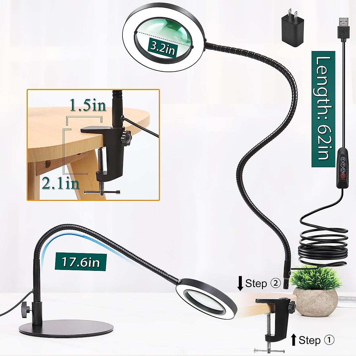 Tobegiga 10X Magnifying Glass with Light and Stand, 2-in-1 Flexible Gooseneck Magnifying Desk Lamp with Clamp, 3 Color Modes Stepless Dimmable LED Lighted Magnifier Hands Free for Craft Painting Hobby