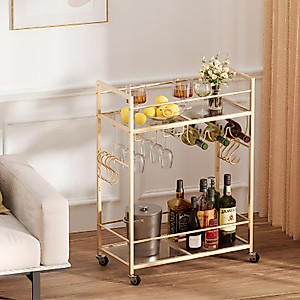 Bar Cart Rose Gold Home Bar Serving Mobile Cart, 2 Tiers Wine Cart with Wine Rack and Glass Holder, Modern Rolling Alcohol Wine Cart, Wine Holders for Home Kitchen Dining Living Room and Party Copper