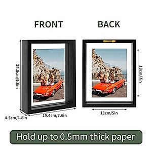 Trwcrt 5x7 Picture Frame Set of 4, Double Glass Floating Photo Frames Display up to 7 x 9 Photos for Desktop or Wall Hanging, Black