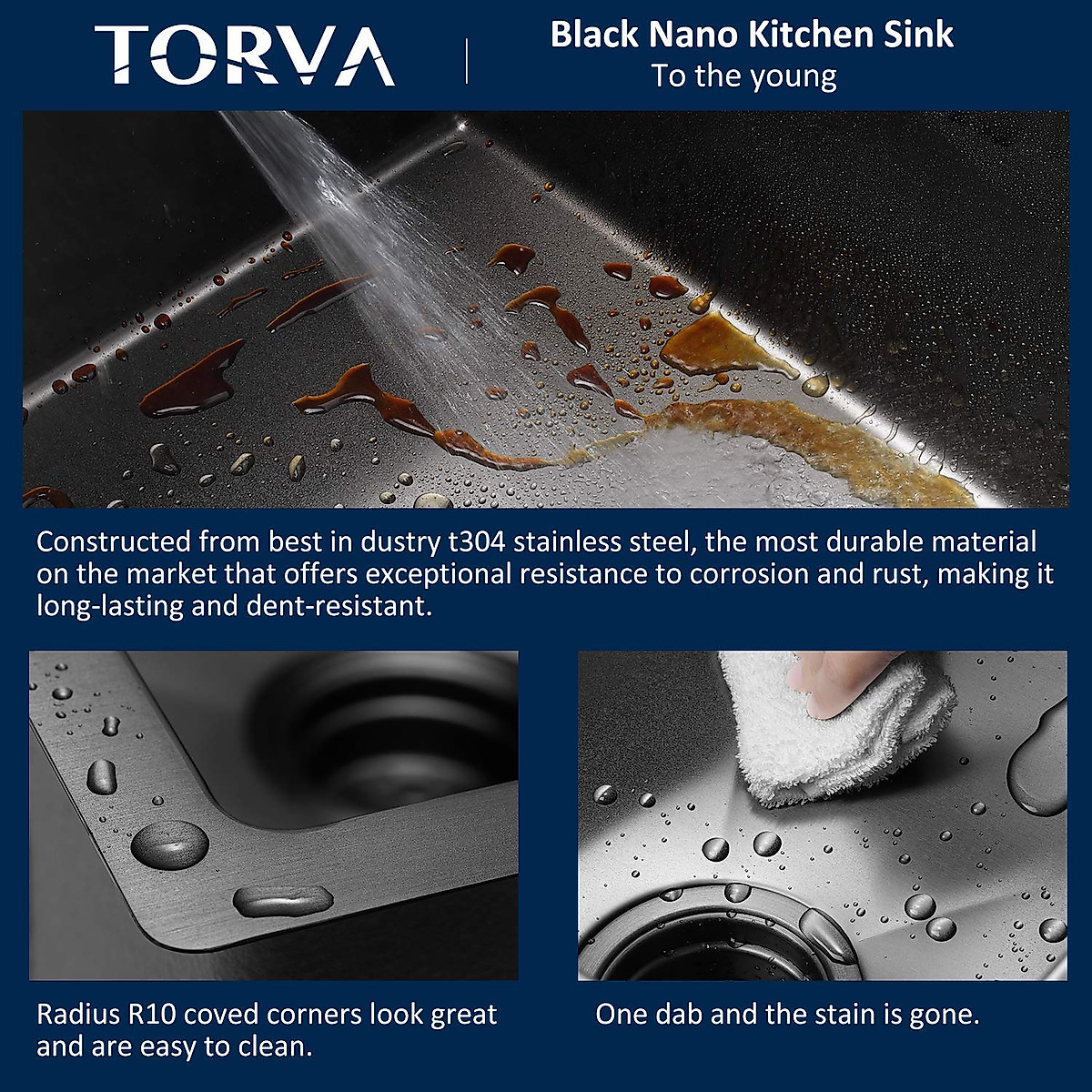 Bar Sink, TORVA 14 x 18 Inch Undermount Kitchen Sink, Gloss Black Ceramic Coating with NanoTek Undermount Sink and Black Pull Down Kitchen Faucets