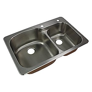 Transolid CTDD33229-2 Classic 2-Hole Drop-in 75/25 Double Bowl Kitchen Sink, 22 1/64" L X 33" W X 9" H, Brushed Stainless Steel