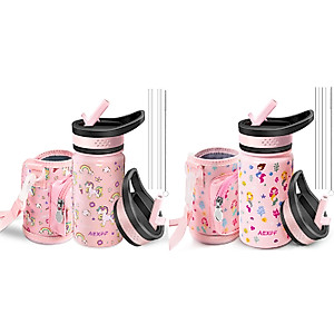 AEXPF Insulated Kids Water Bottle with Sleeve, 14 oz Double Wall Vacuum Stainless Steel Leakproof Thermos Water Bottle, Unicorn Pattern and Mermaid Pattern